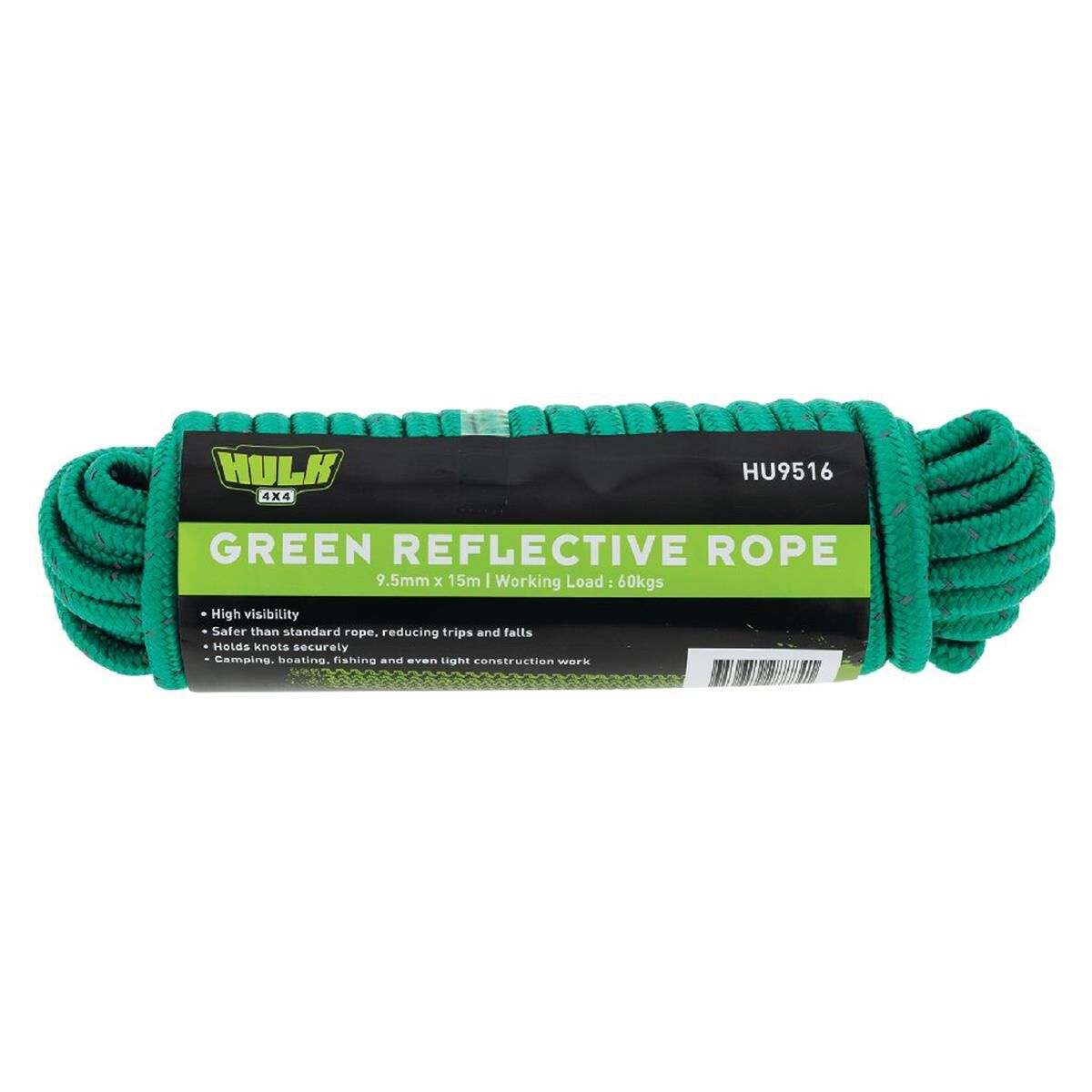 Hulk 4x4 15 Metre Green Rope With Reflective Weave Working Load 60Kgs ...