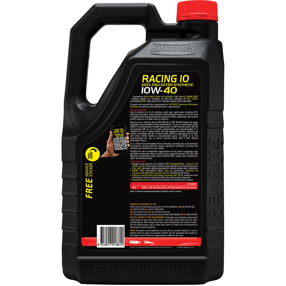 Penrite 10 Tenths Racing 10 Engine Oil - 10W-40 5 Litre | Supercheap Auto