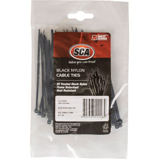 SCA Cable Ties - Black, 100mm x 2.5mm, 100 Pack | Supercheap Auto