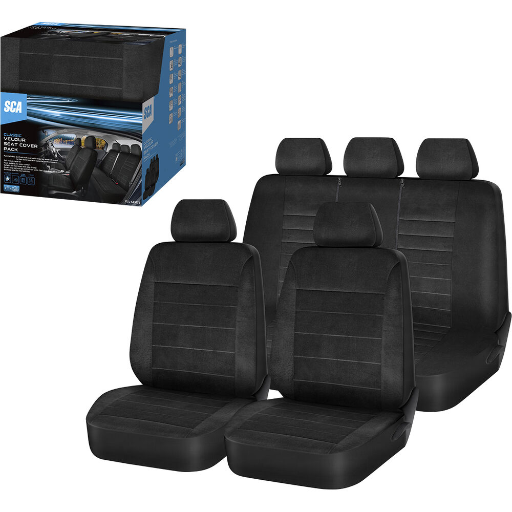 SCA Velour Executive Seat Cover Pack Black Adjustable Headrests Airbag ...
