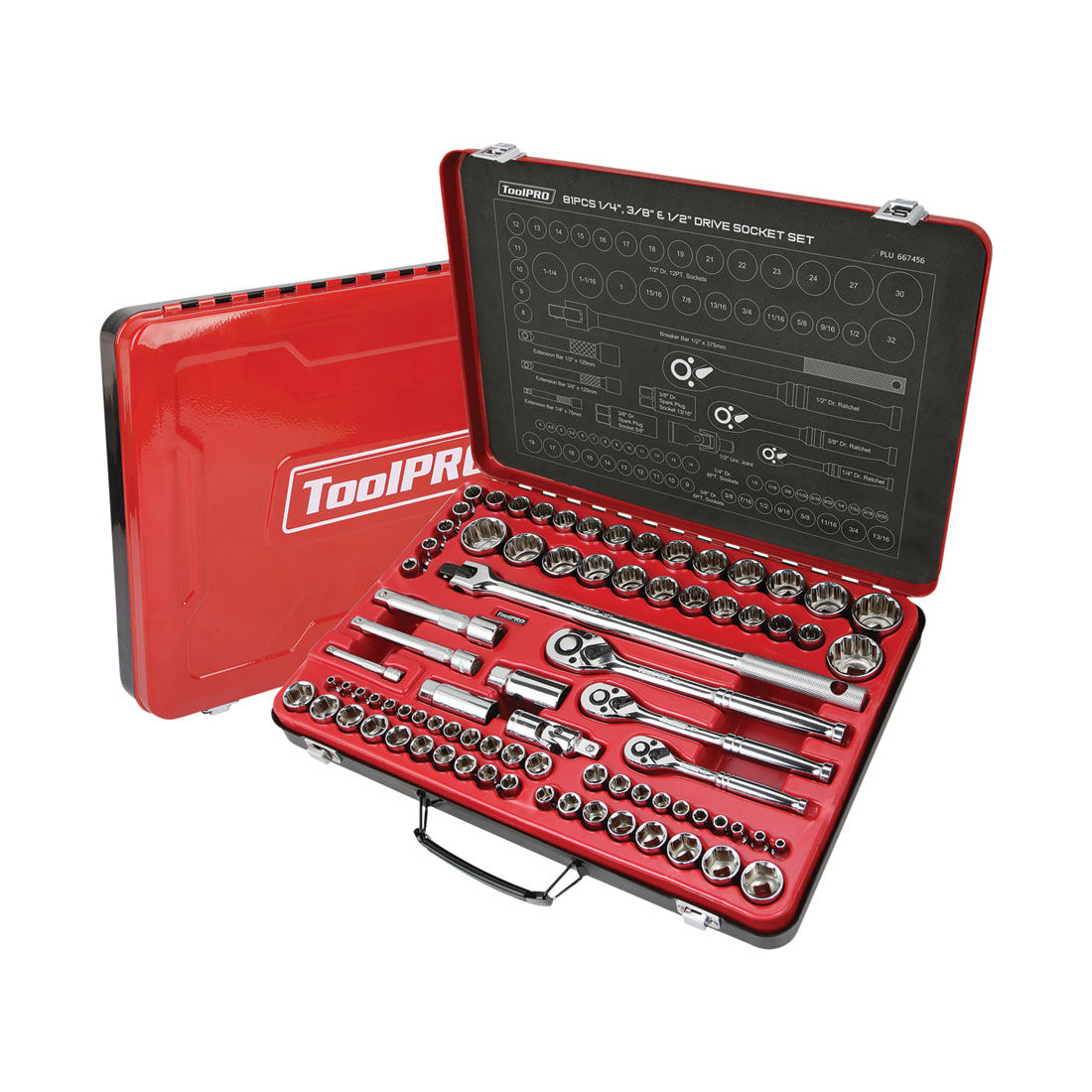 ToolPRO Socket Set 1 4 3 8 1 2 Drive Metric SAE 81 Piece