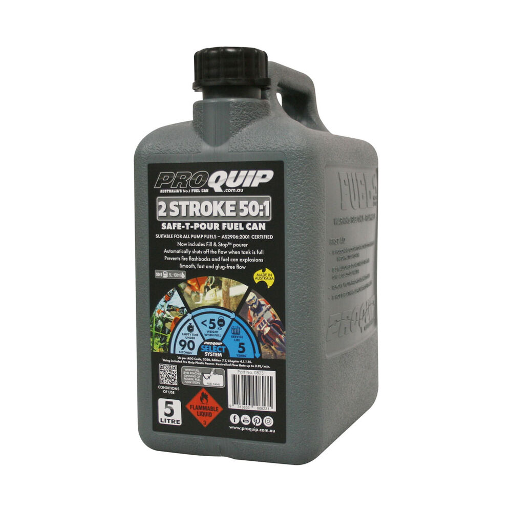 Pro Quip Safe T Pour Jerry Can 5L 50:1 Two Stroke Grey | Supercheap Auto