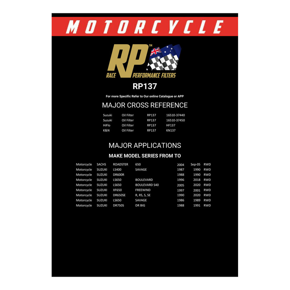 Race Performance Motorcycle Oil Filter RP137 | Supercheap Auto