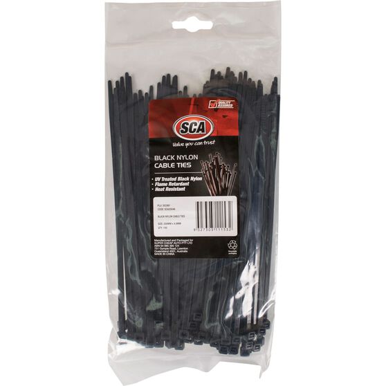 SCA Cable Ties - Black, 200mm x 4.8mm, 100 Pack | Supercheap Auto